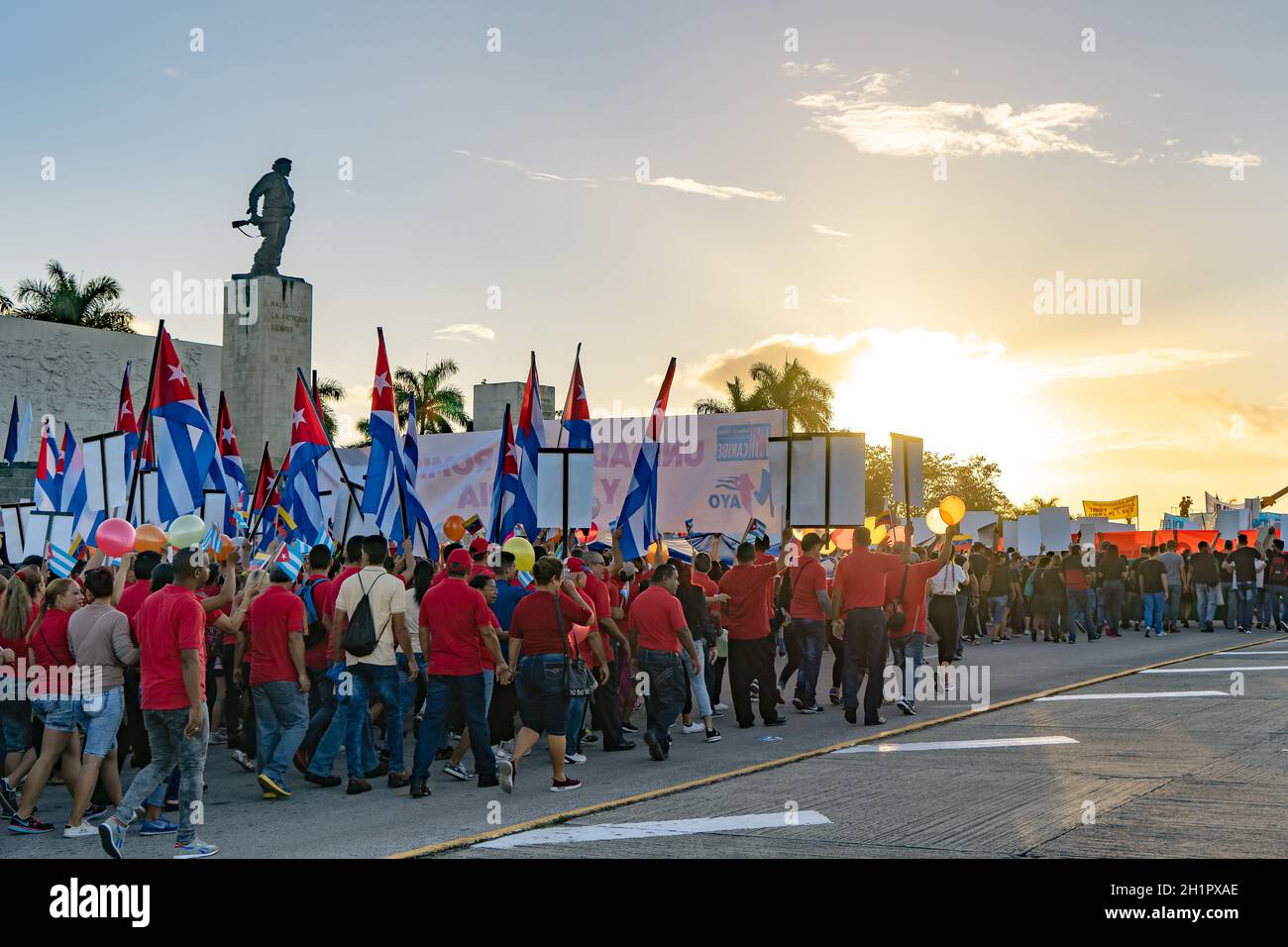 Santa Clara, Cuba May 1, 2019: Group of people marching with posters ...