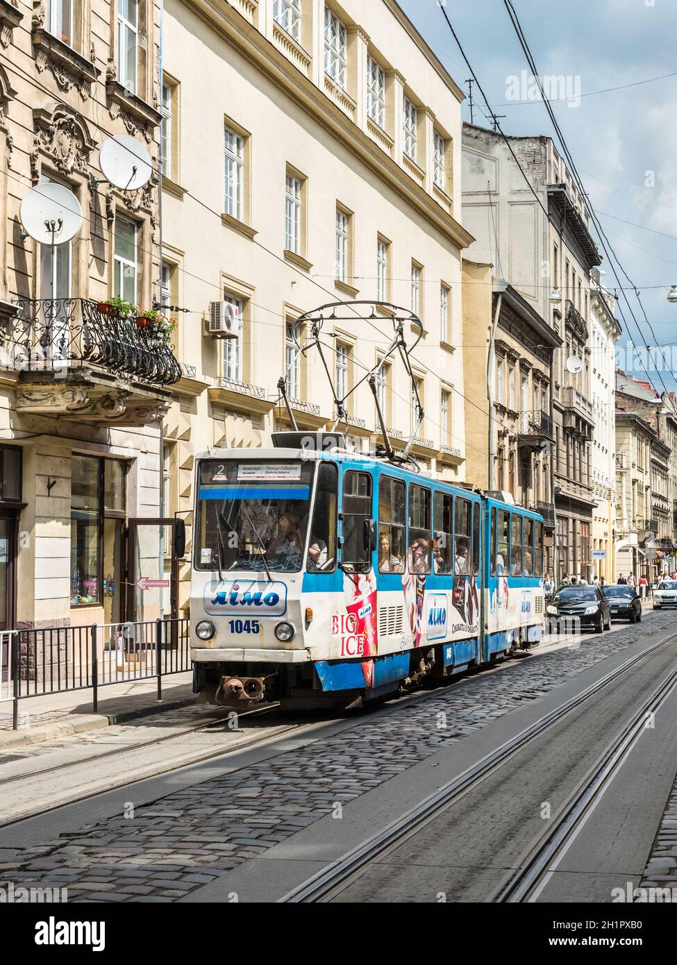 Lviv, Ukraine - May 31, 2016: The electric tramway in the historic city ...