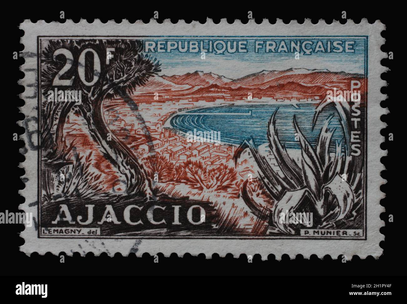 Stamp printed in the France shows beautiful view of Ajaccio - capital ...