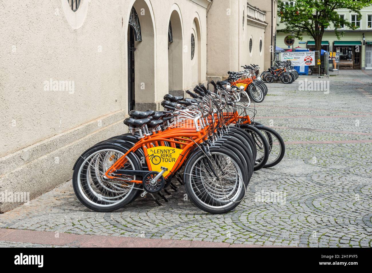 Munich, Germany - May 29, 2016: Bicycles Lenny's Bike Tour are waiting ...