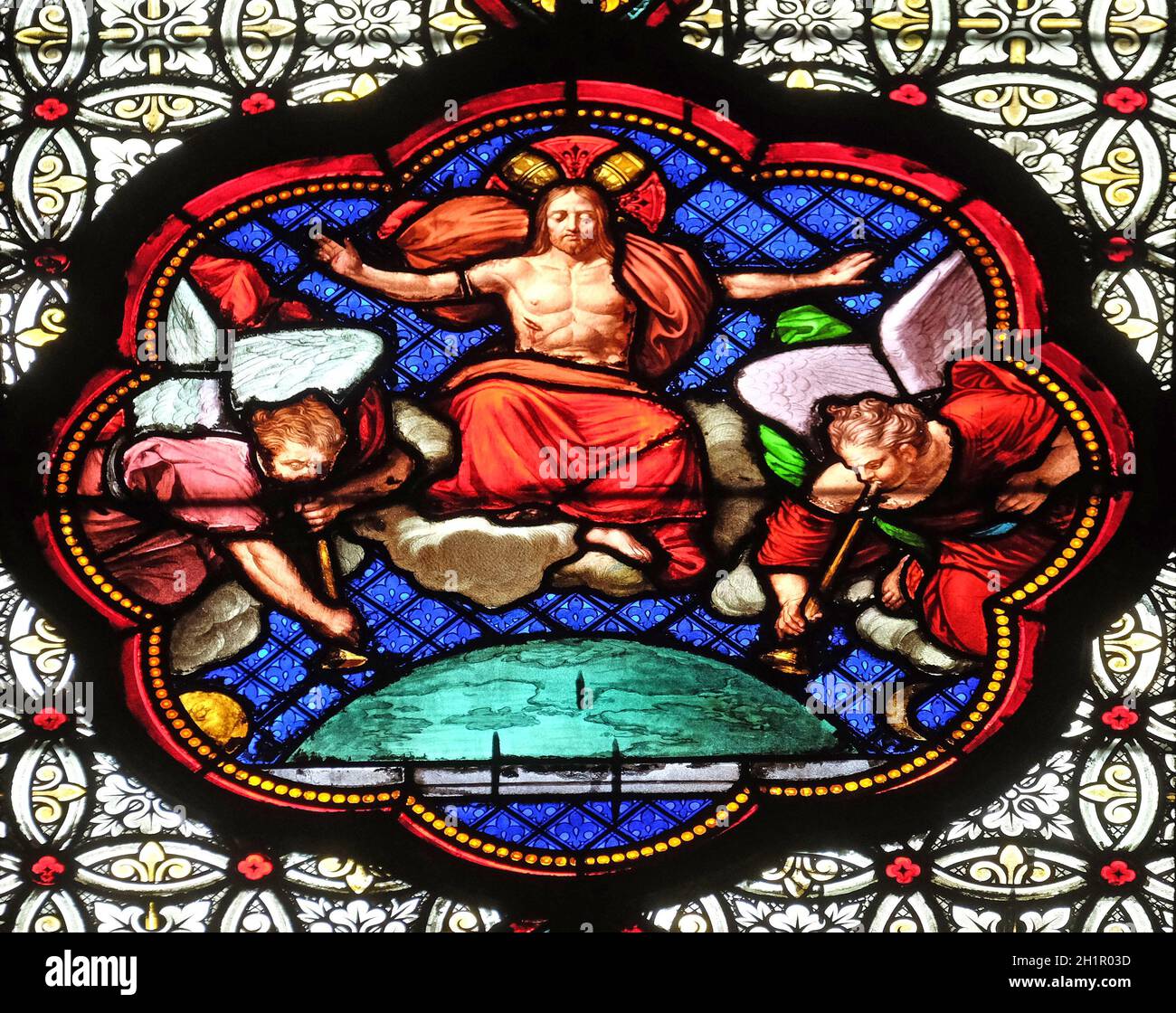 Christ blessing, stained glass window in the Basilica of Saint Clotilde ...
