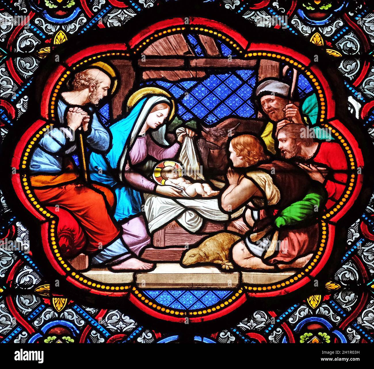 Nativity Scene, Adoration of the Shepherds, stained glass window in the ...