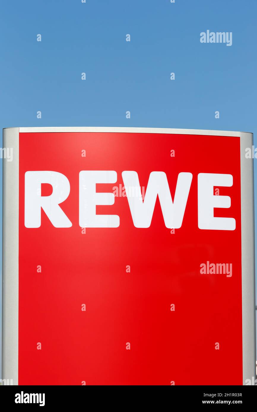 Stuttgart, Germany - May 17, 2020: REWE logo sign supermarket food ...