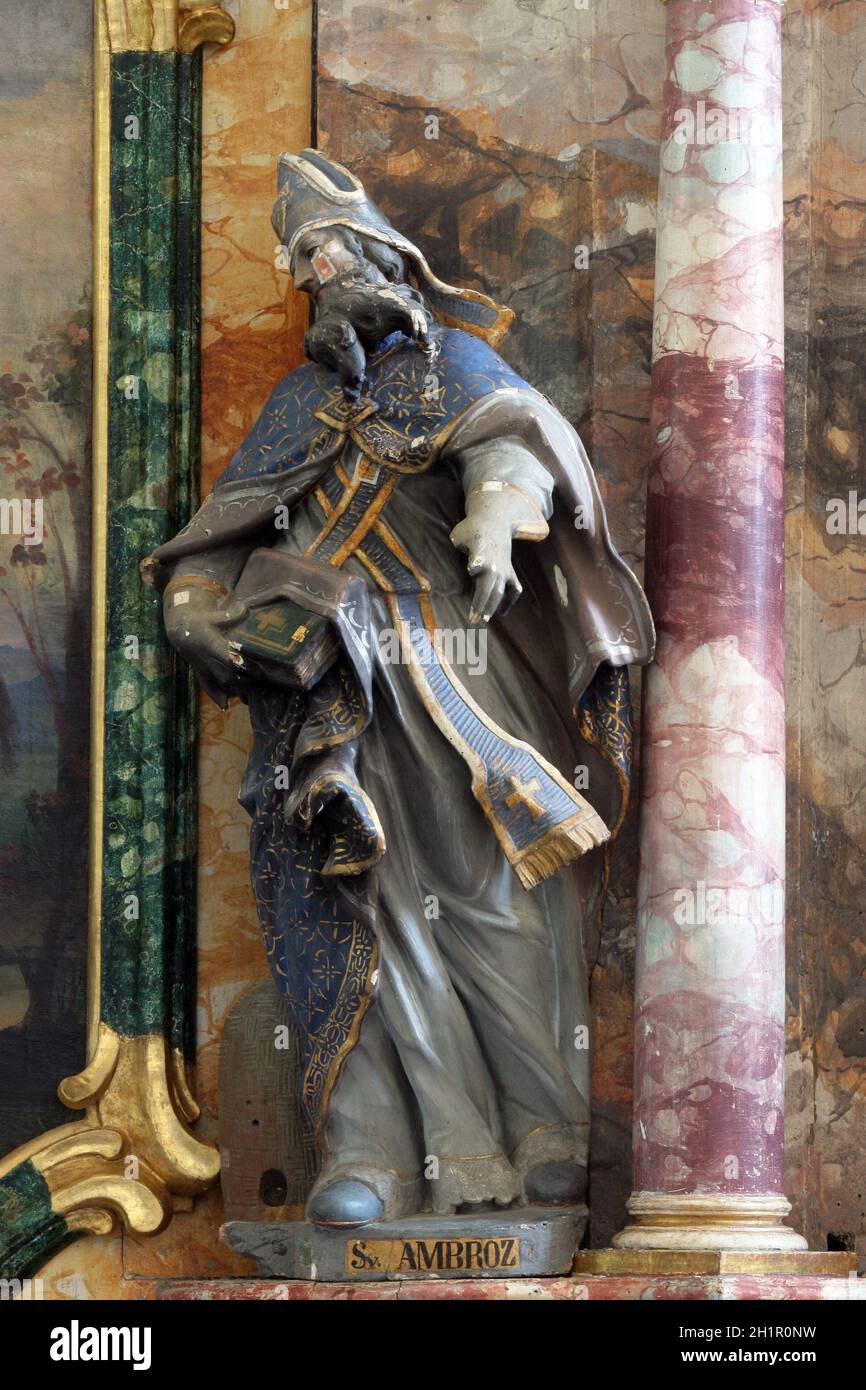 Saint Ambrose, statue on the altar of the Saint George in the Church of ...