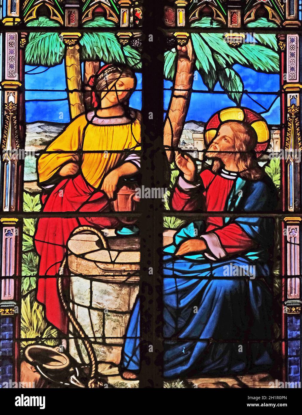Jesus and Samaritan woman at the fountain, stained glass windows in the ...