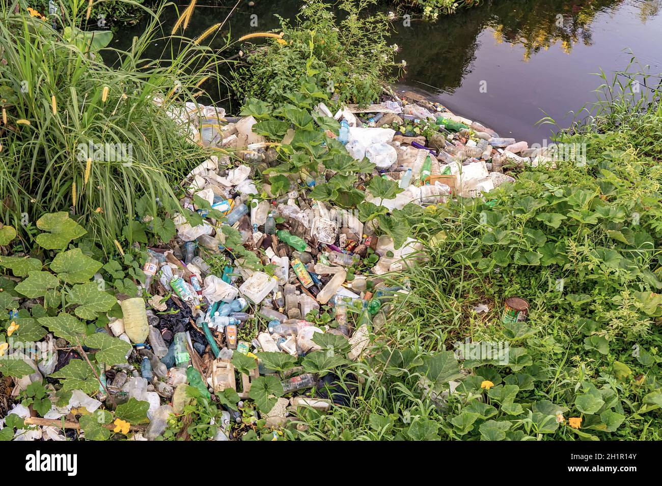 Plastic debris accumulated on a river edge with dirty water Stock Photo ...
