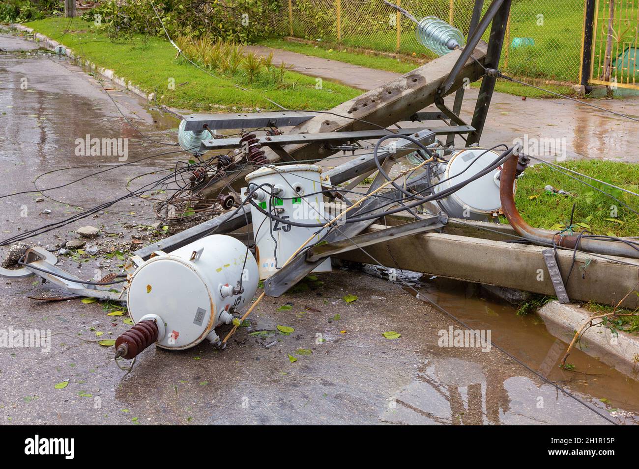Santa Clara, Cuba, September 10, 2017: Electricity poles and electrical ...