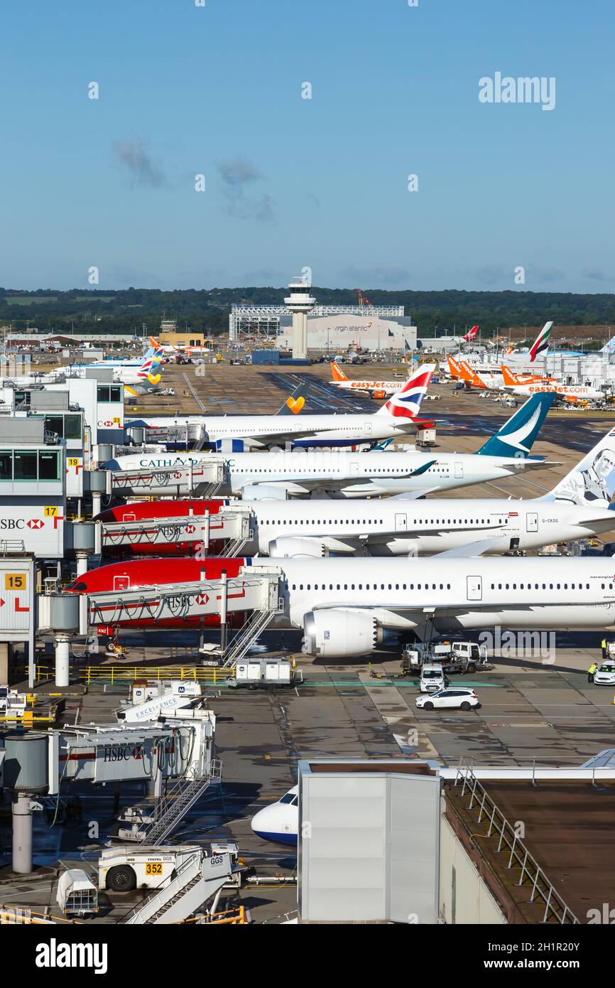London, United Kingdom - July 31, 2018: Airplanes at London Gatwick ...
