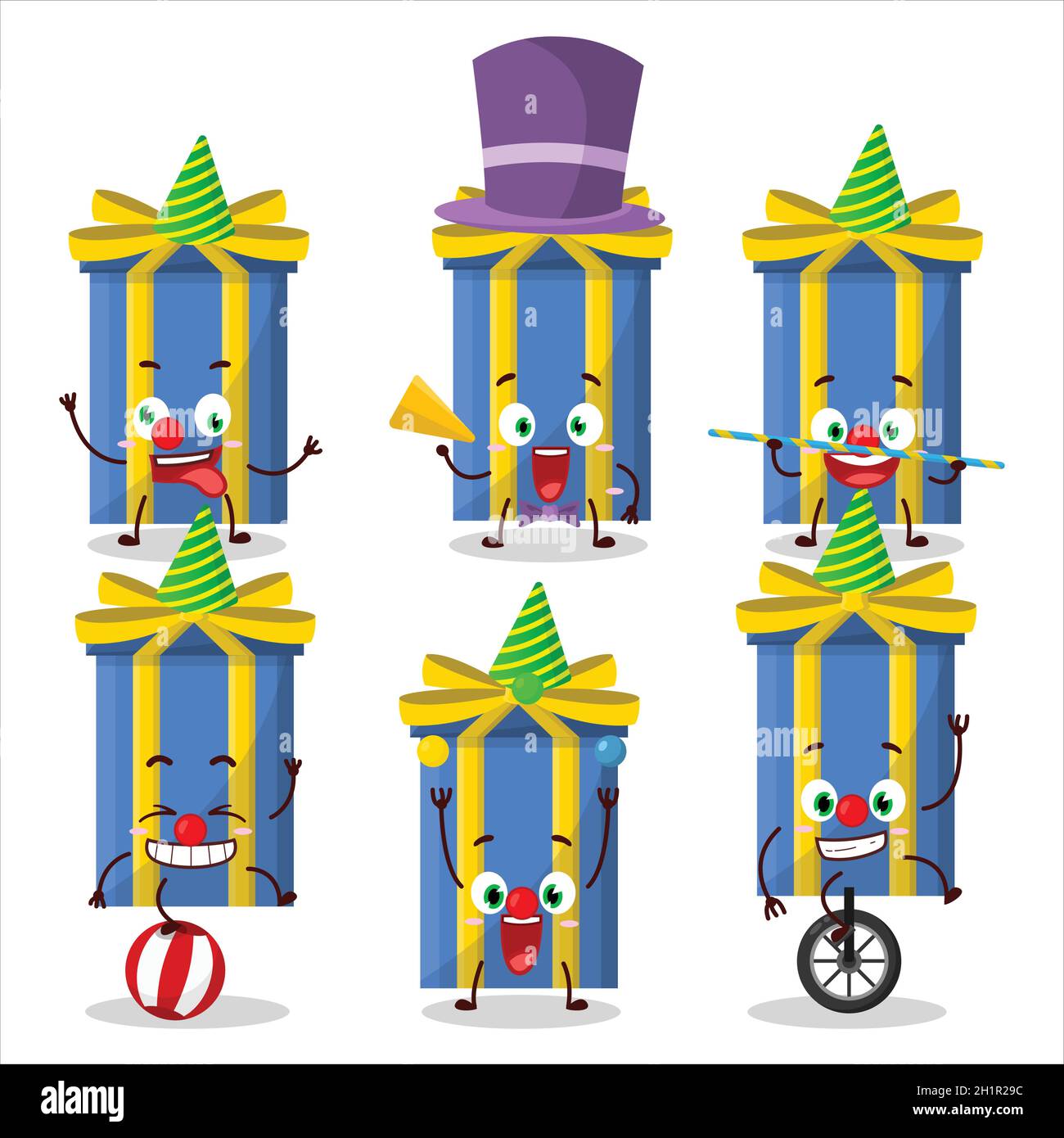 Cartoon character of blue long gift box with various circus shows ...