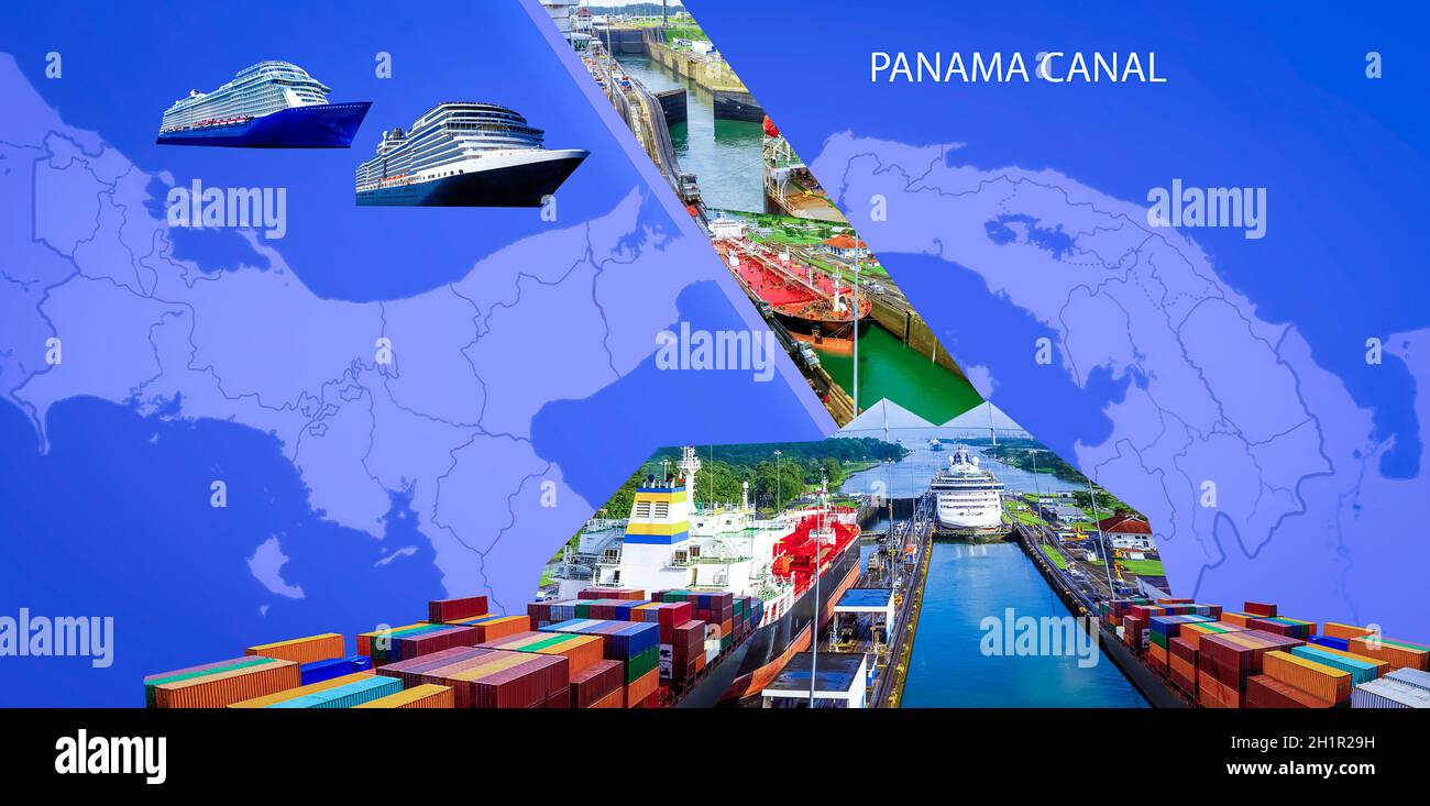 Collage about Panama Canal at Panama. Logistics and transportation of ...