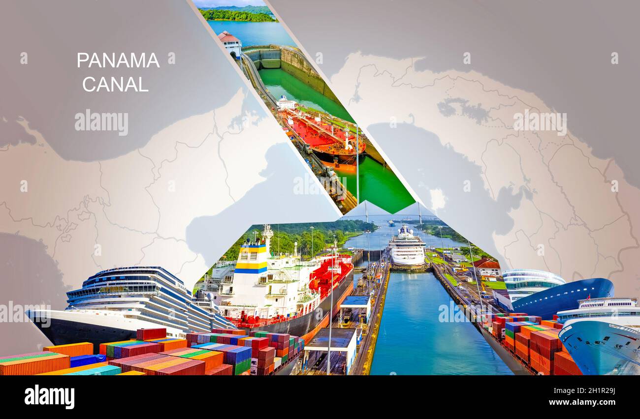 Collage about Panama Canal at Panama. Logistics and transportation of ...