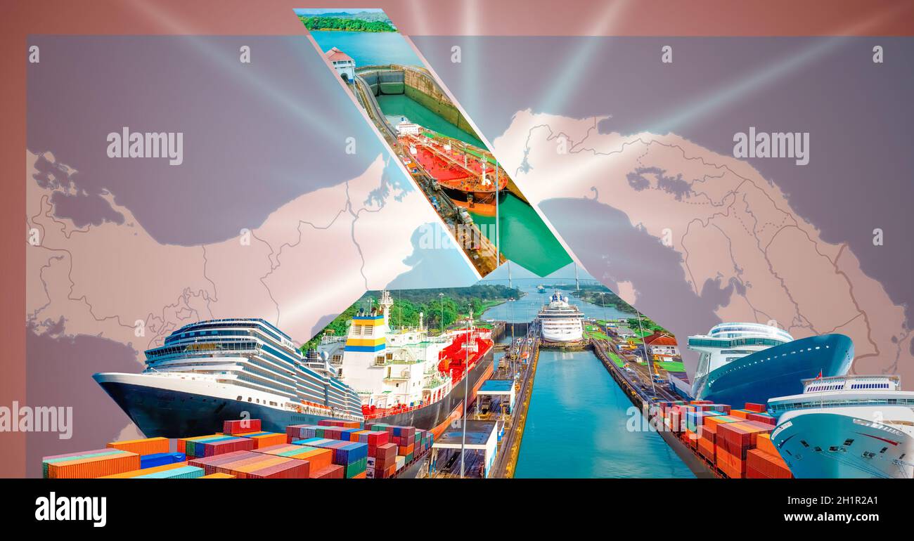 Collage about Panama Canal at Panama. Logistics and transportation of ...