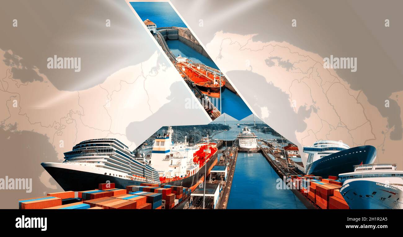 Collage about Panama Canal at Panama. Logistics and transportation of ...