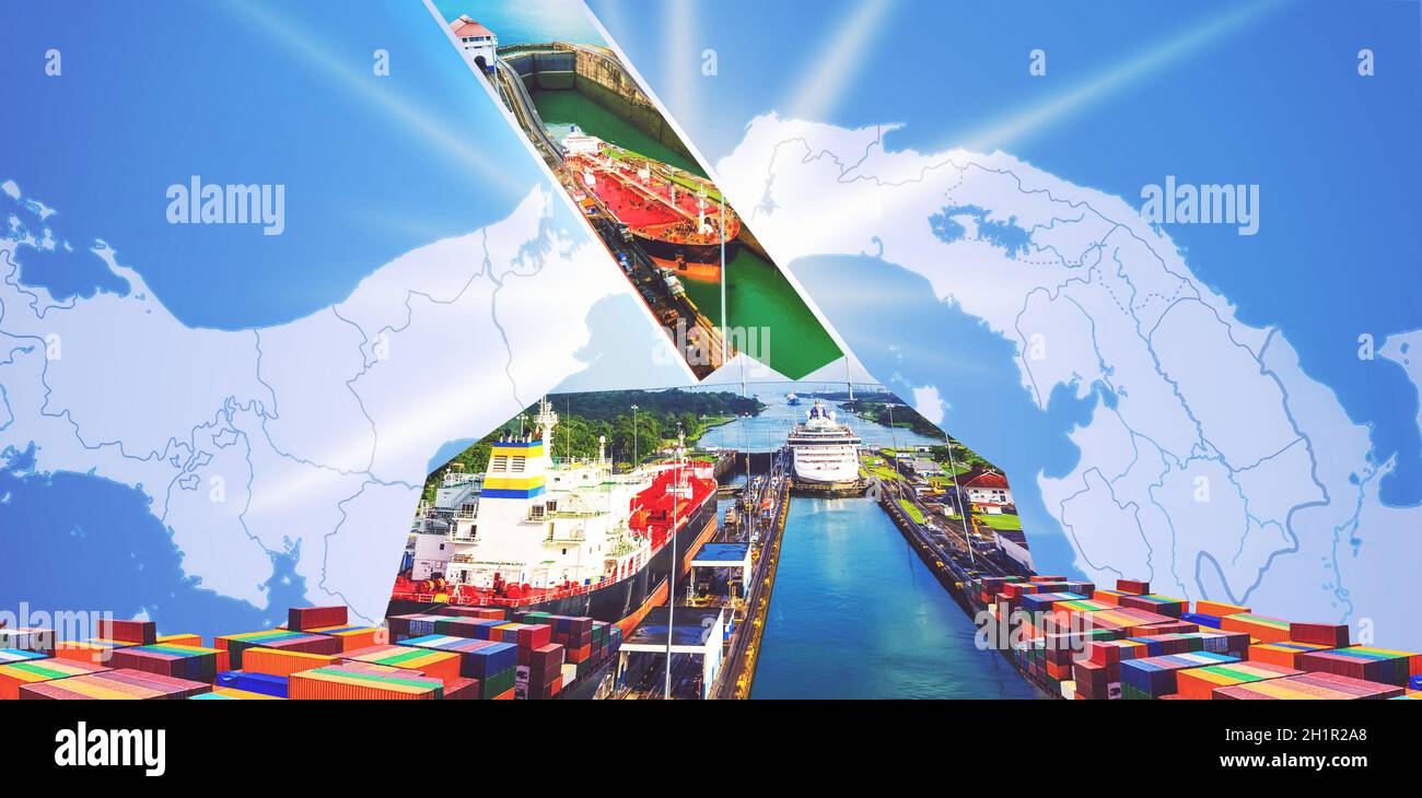 Collage about Panama Canal at Panama. Logistics and transportation of ...
