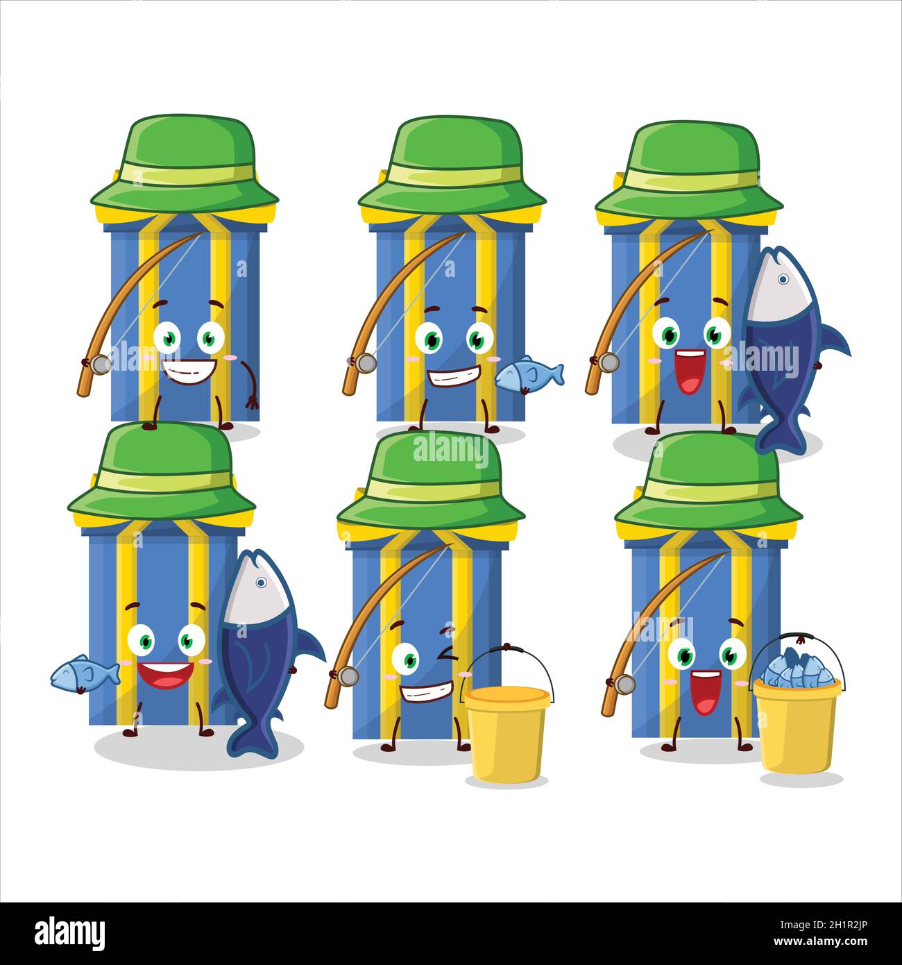 A fisherman blue long gift box cartoon picture catch a big fish. Vector ...