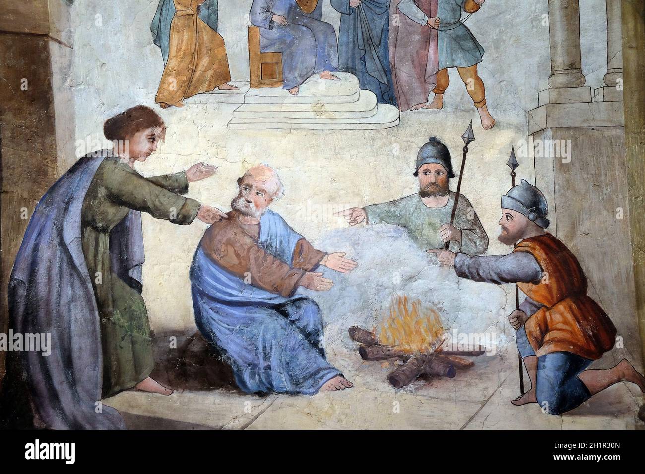 Peter denies Jesus before the rooster crows three times, fresco in the ...