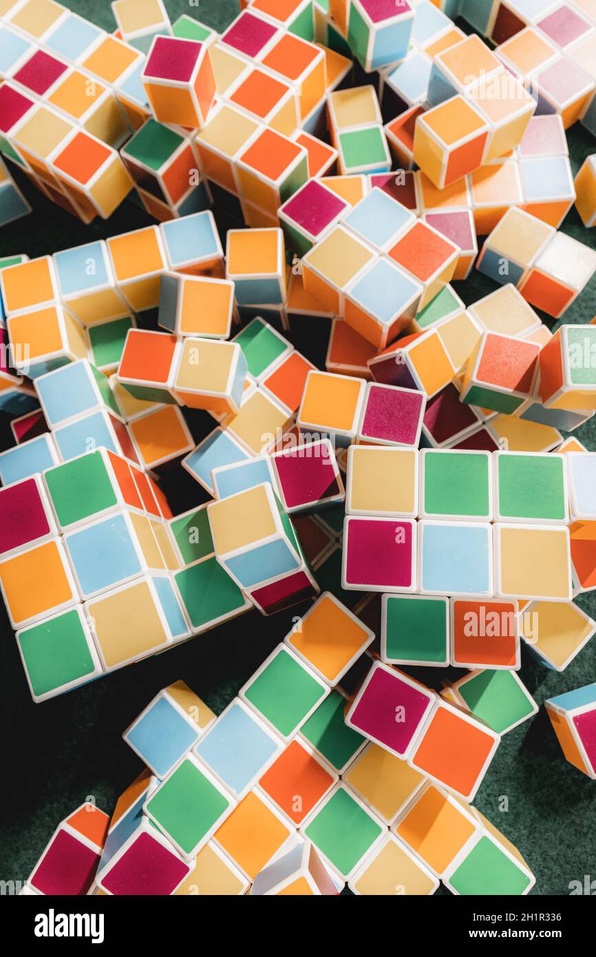 Wooden colored toy blocks on a floor, game Stock Photo - Alamy