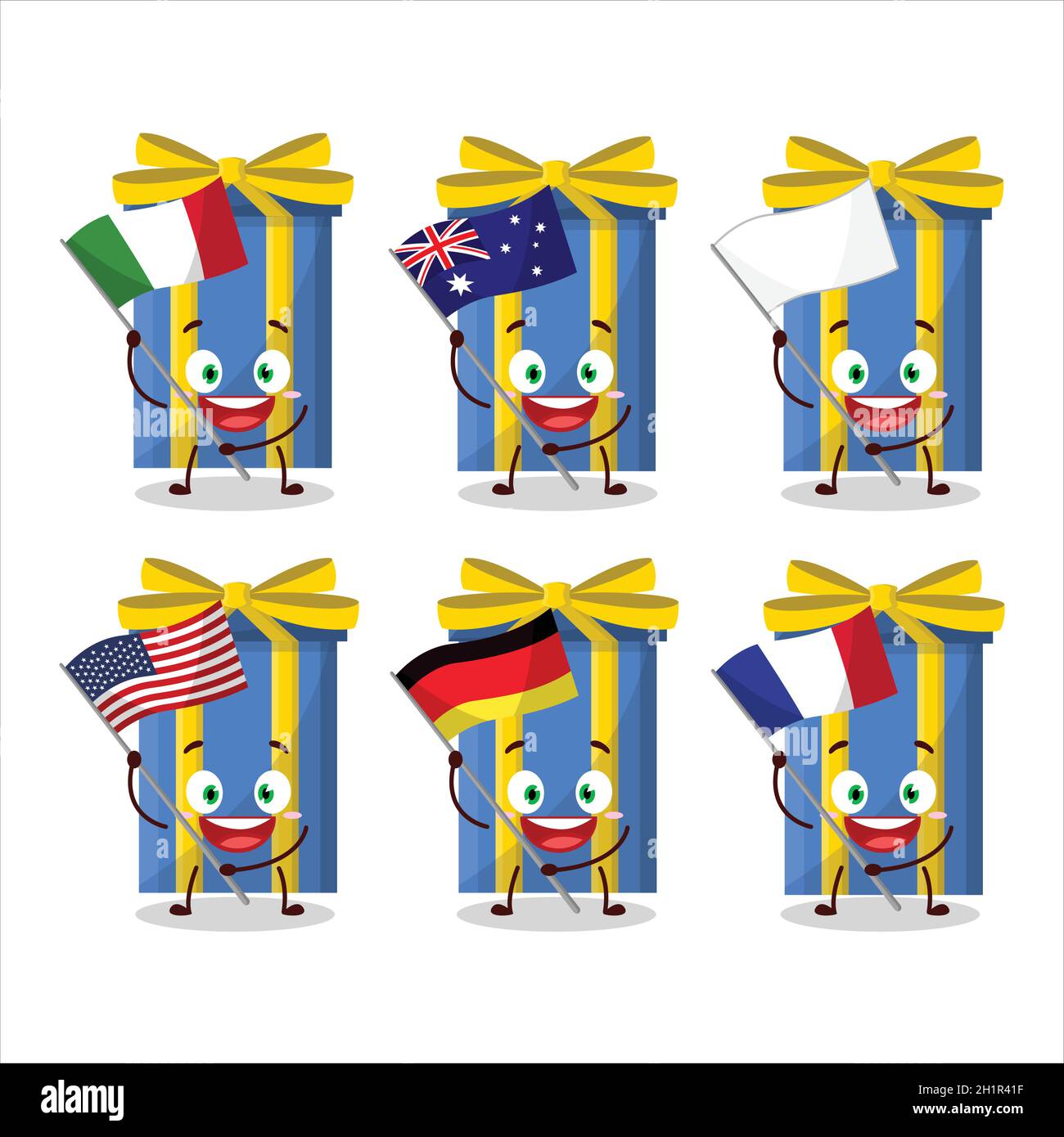 Blue long gift box cartoon character bring the flags of various ...