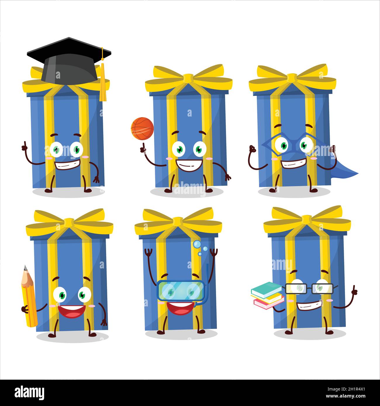 School student of blue long gift box cartoon character with various ...
