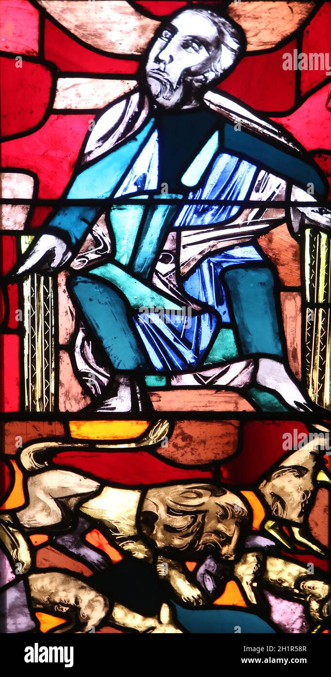 Prophet Micah with a lion symbol, stained glass window in Basilica of ...