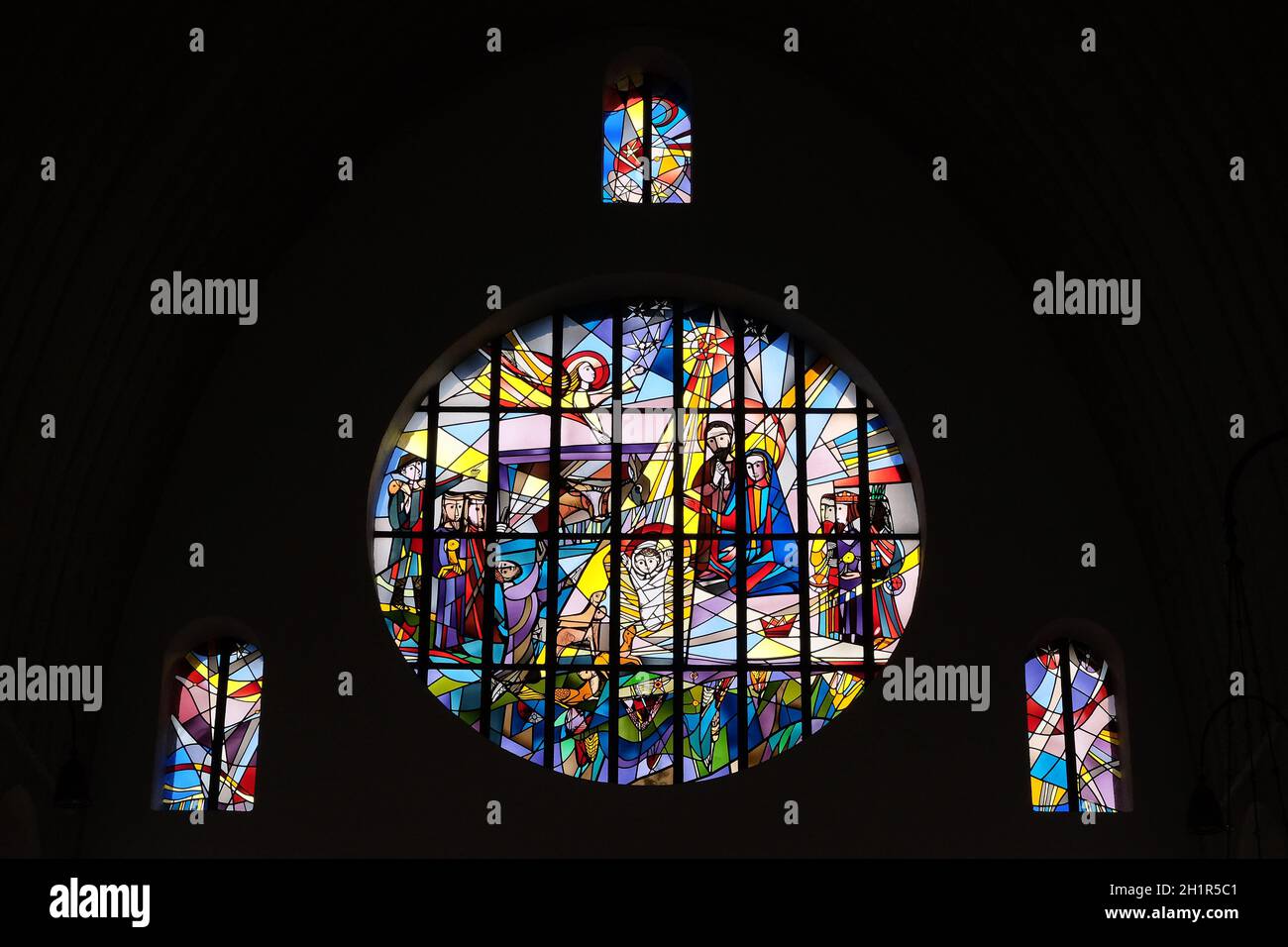 Nativity Scene, stained glass window in the Saint Lawrence church in ...