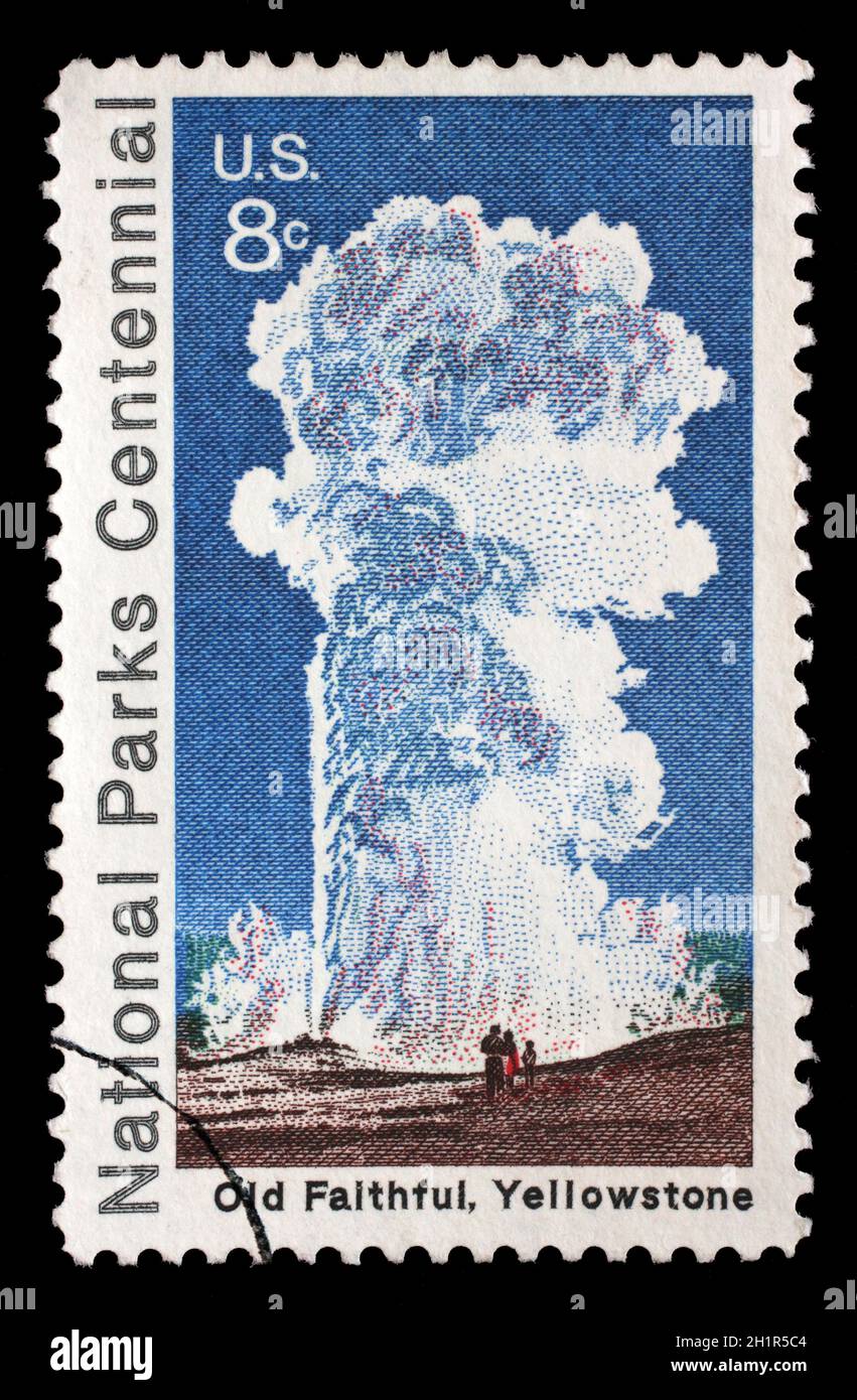 Stamp printed by the USA shows eruption of Old Faithful geyser at ...