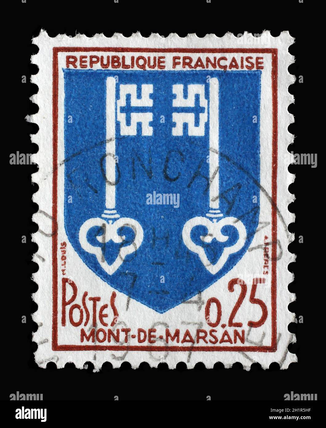 Stamp printed in the France shows Coat of arms of Mont-de-Marsan, circa ...