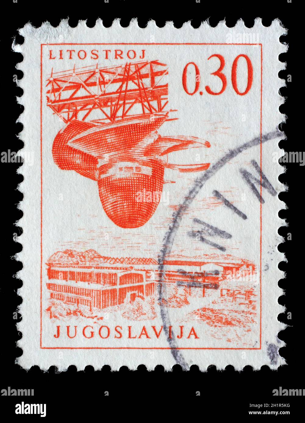 Stamp printed in the Yugoslavia shows Litostroj turbine factory, circa ...