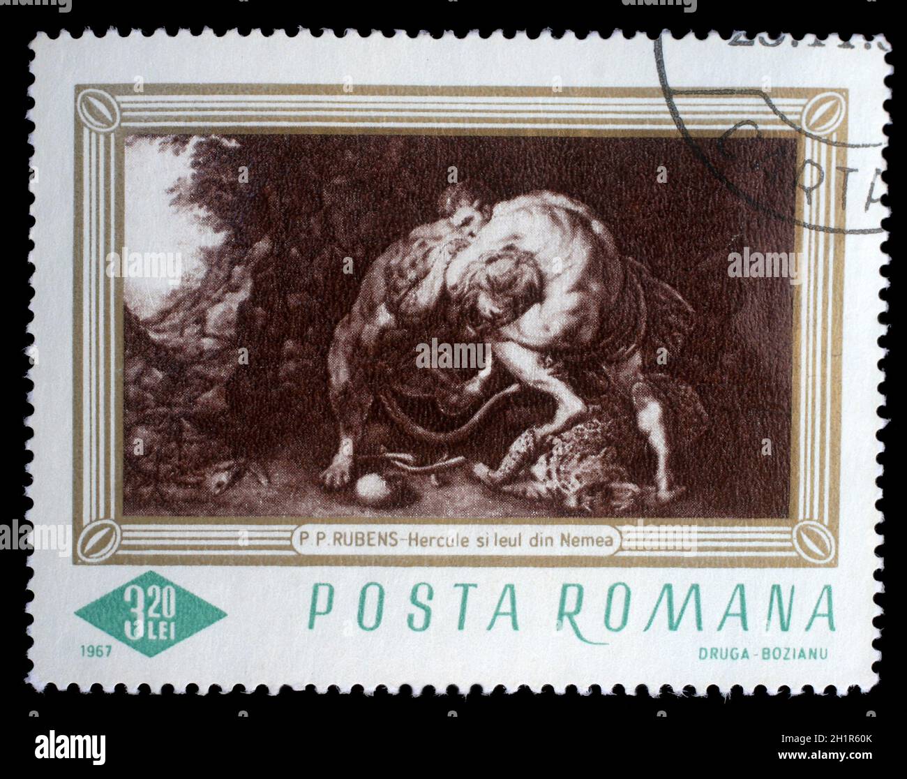 Stamp printed in Romania shows Hercules and the Lion of Numea, by ...