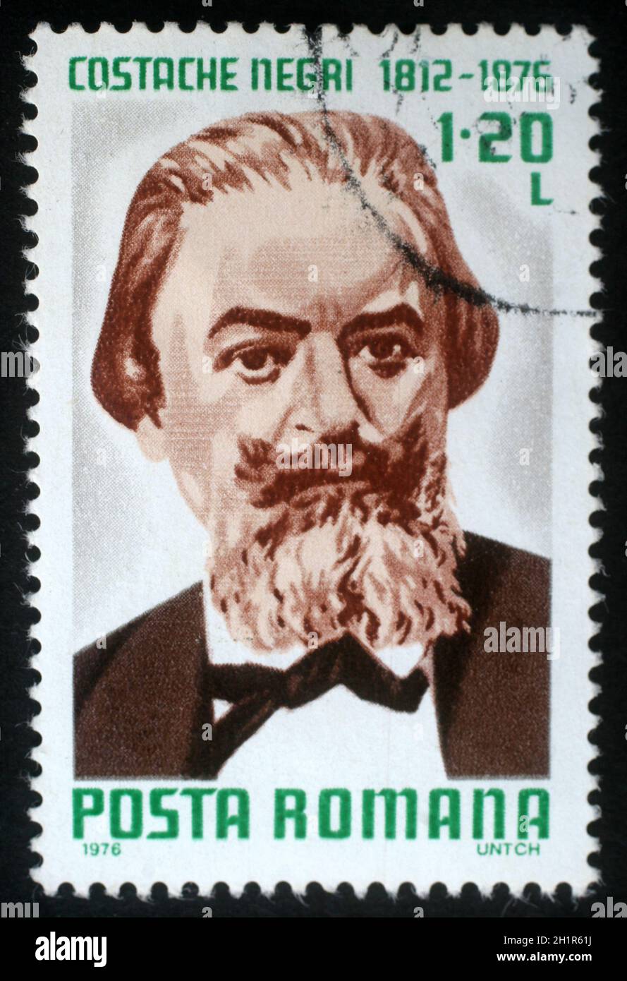 Stamp printed in Romania shows Costache Negri (1812–1876) Moldavian ...