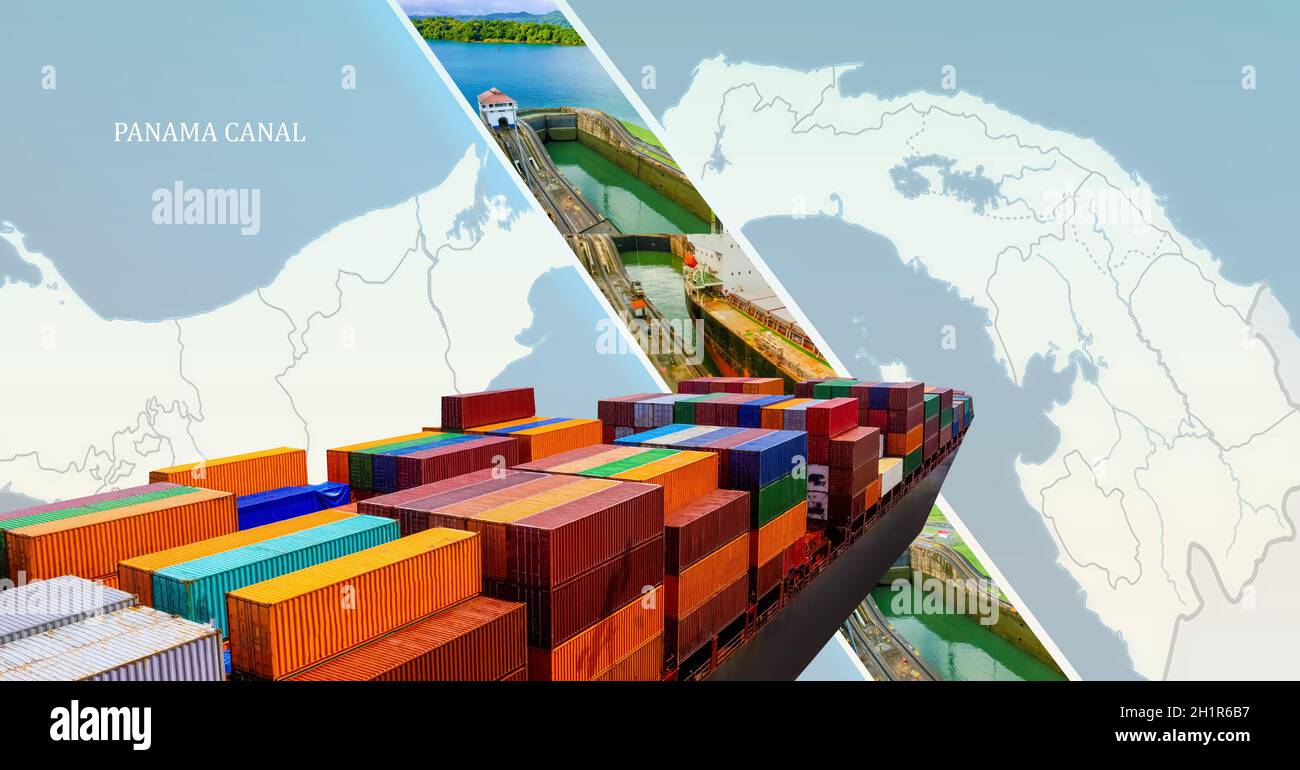 Collage about Panama Canal at Panama. Logistics and transportation of ...