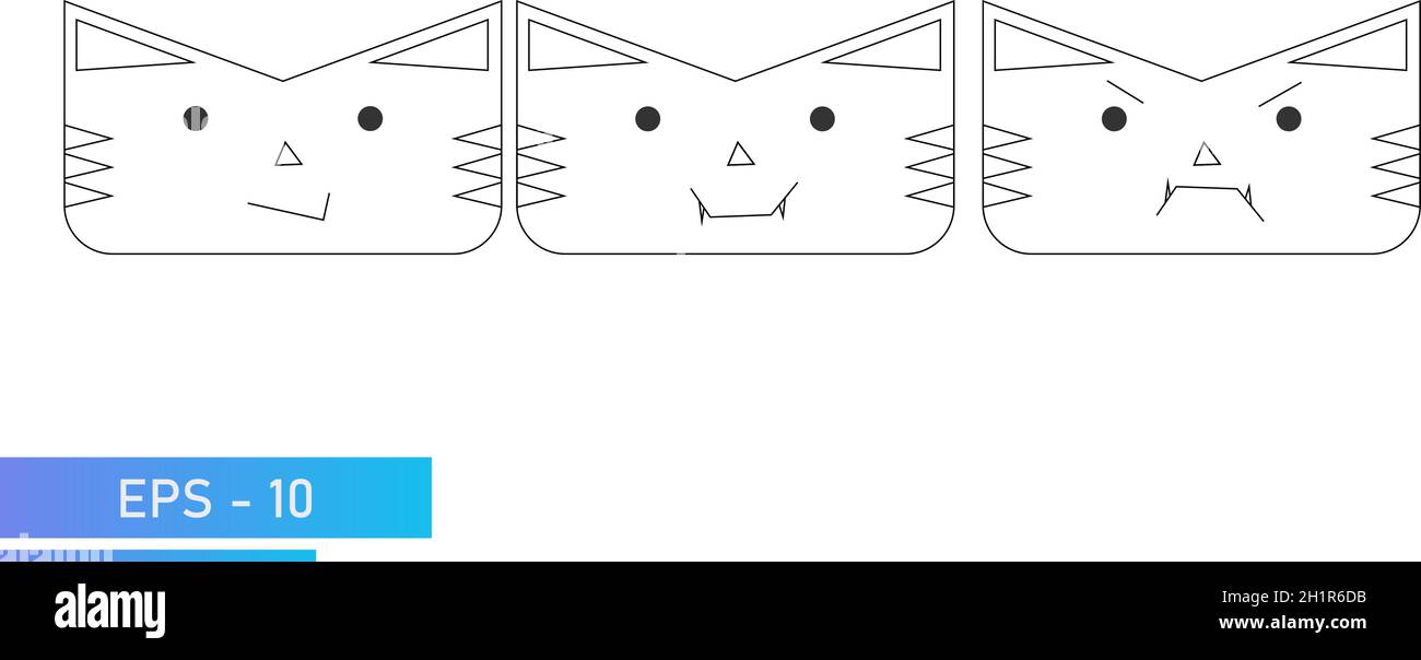 Simple cat or tiger face in linear style with emotions, smile, vampire ...