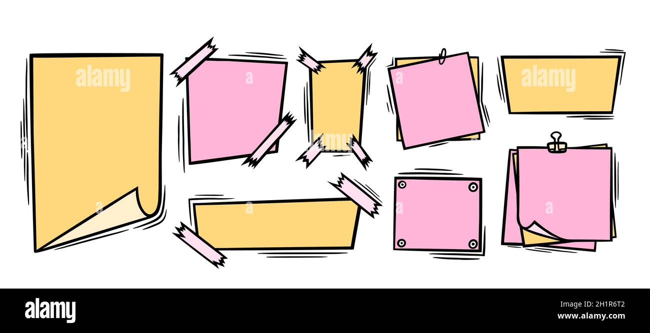 Doodle paper sheets with clip, sticky tape and pins. Pink and yellow ...