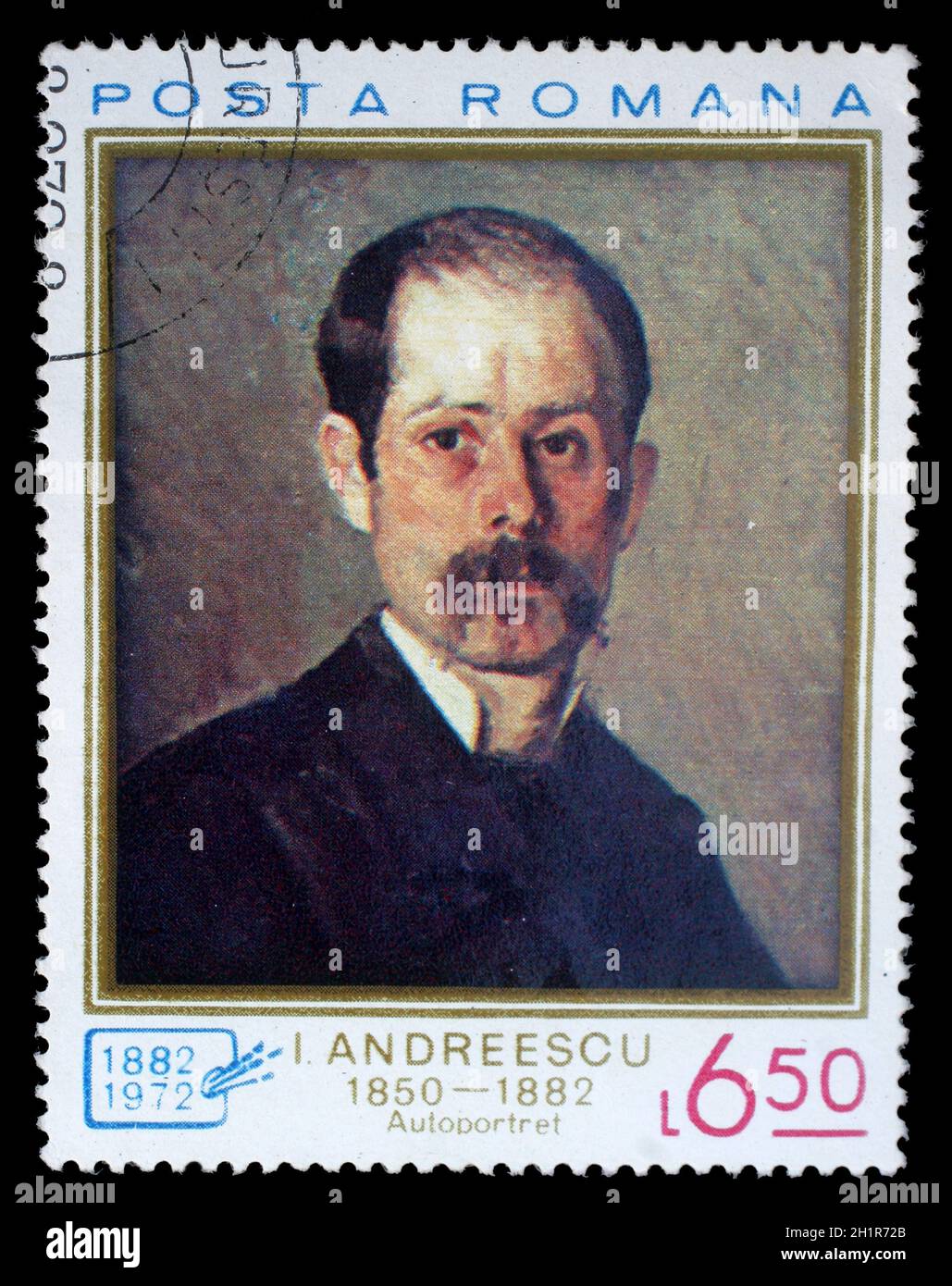Stamp printed in Romania shows Self portrait by Ion Andreescu (1850 ...