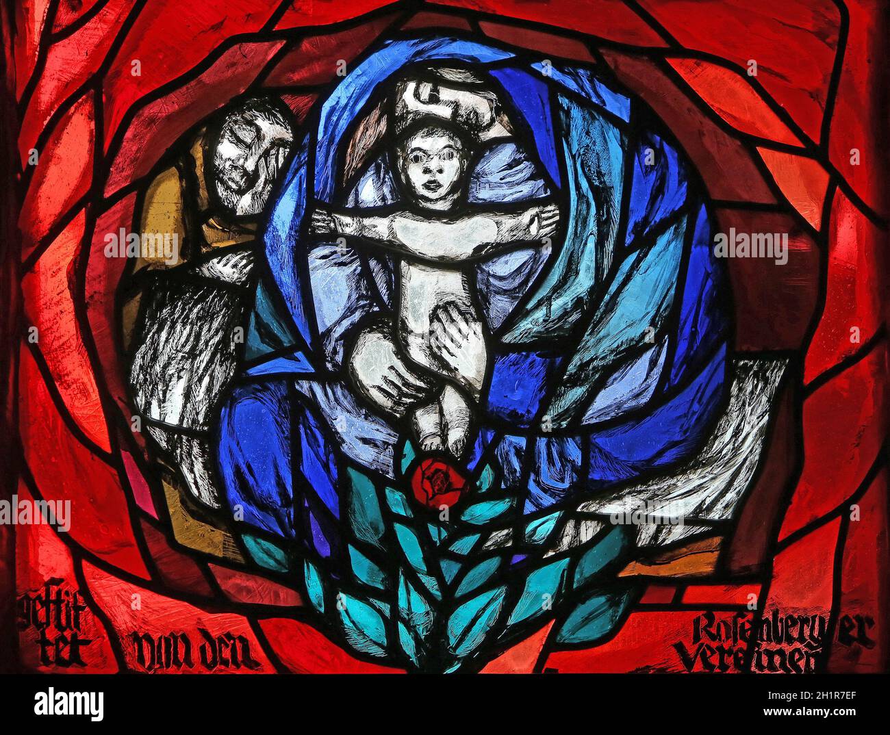 Birth of Jesus, Christmas, detail of stained glass window by Sieger ...