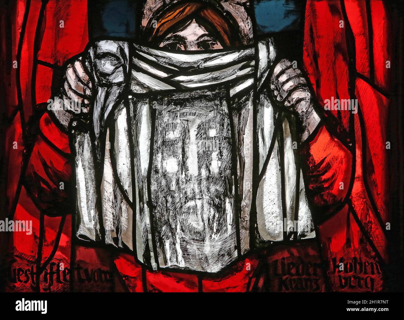 Veronica holding her veil, Dark sun of Good Friday, detail of stained ...