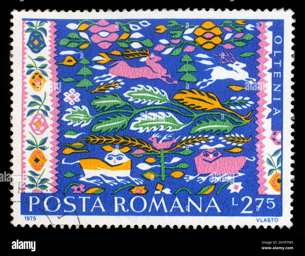 Stamp printed in Romania shows Romanian Peasant Rugs, Oltenia, circa ...