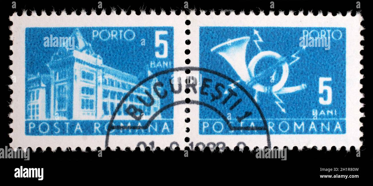 Stamp printed in Romania shows Central Post Office building (National ...