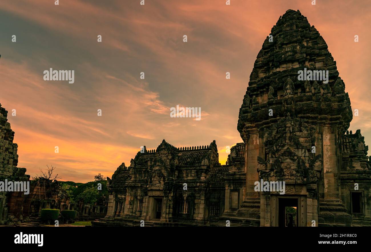 Landscape of Phimai Historical Park with sunset sky. Landmark of Nakhon ...
