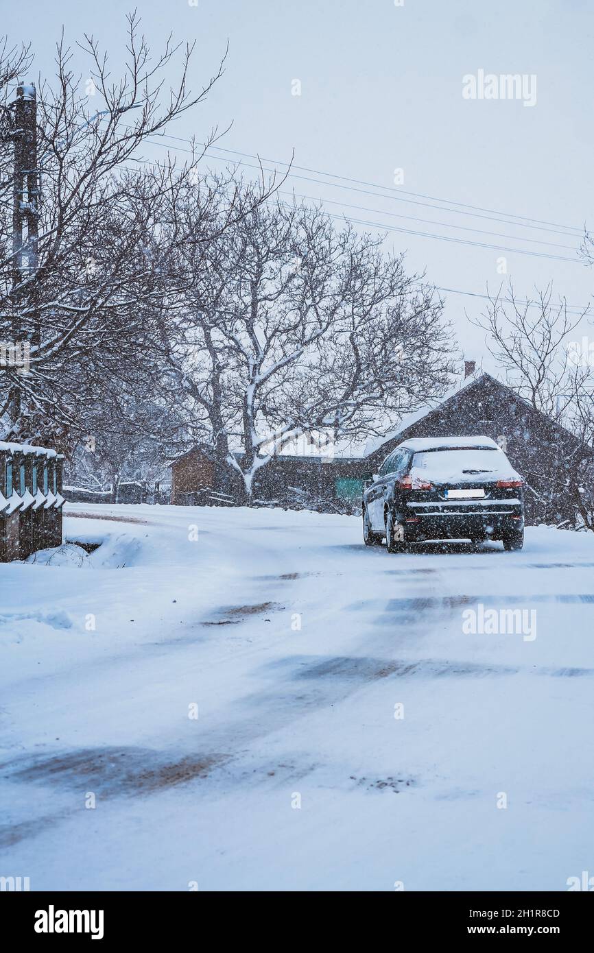 Street full of snow during winter with big tree in the distance in a ...