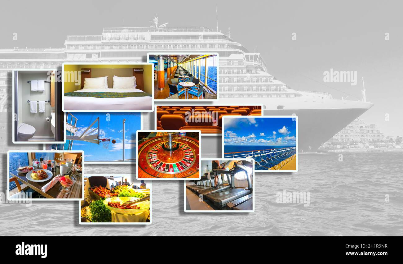 Collage about abstract cruise ship and sport activity. Happy cruise and ...