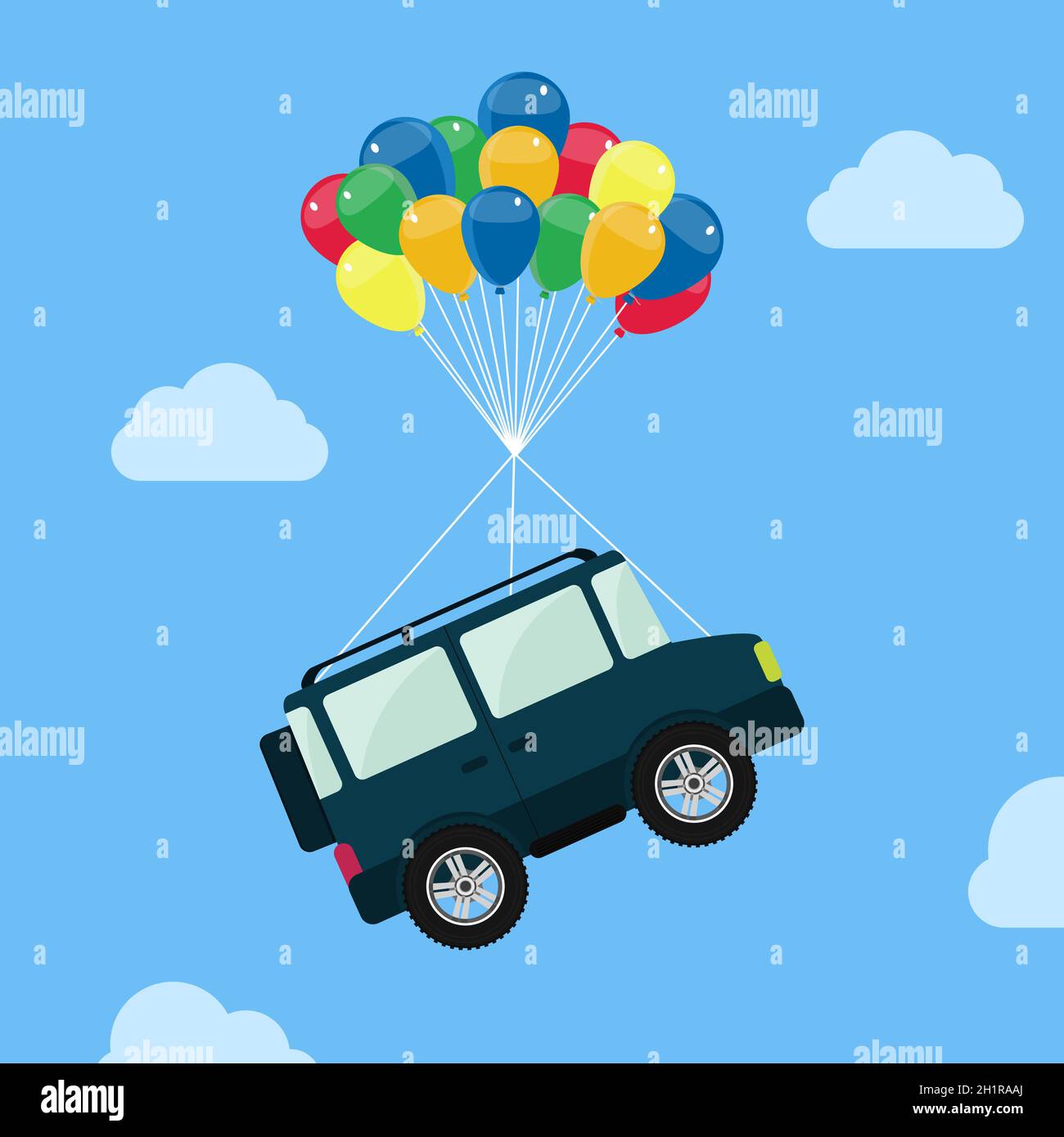 4x4 car hanging from helium balloons, floating and soaring in the sky ...