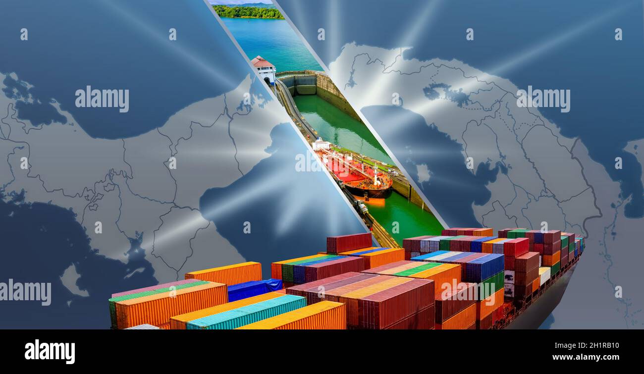 Collage about Panama Canal at Panama. Logistics and transportation of ...