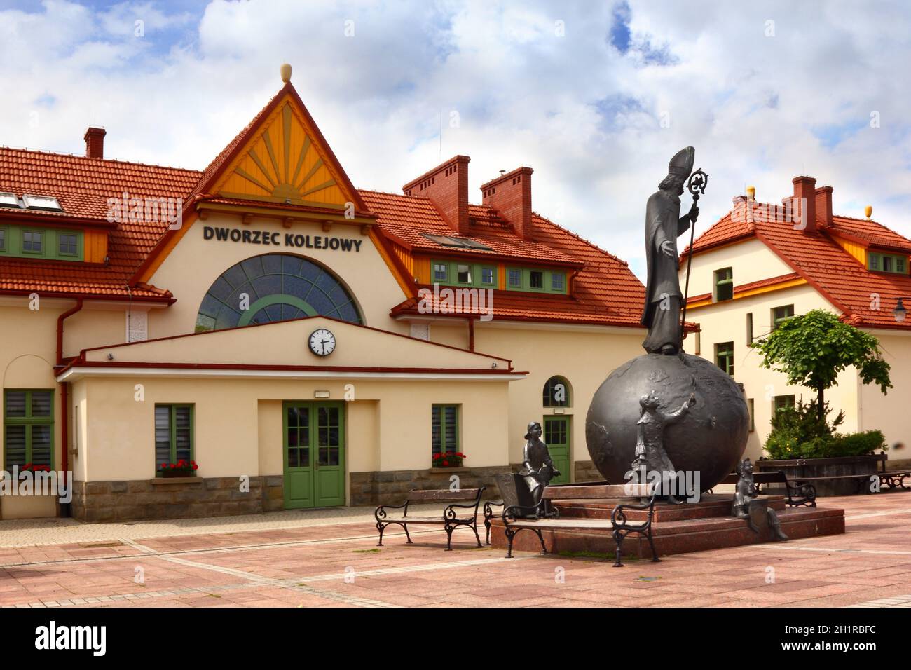Monument of Saint Nicholas in front of railway station, in Rabka Zdroj ...