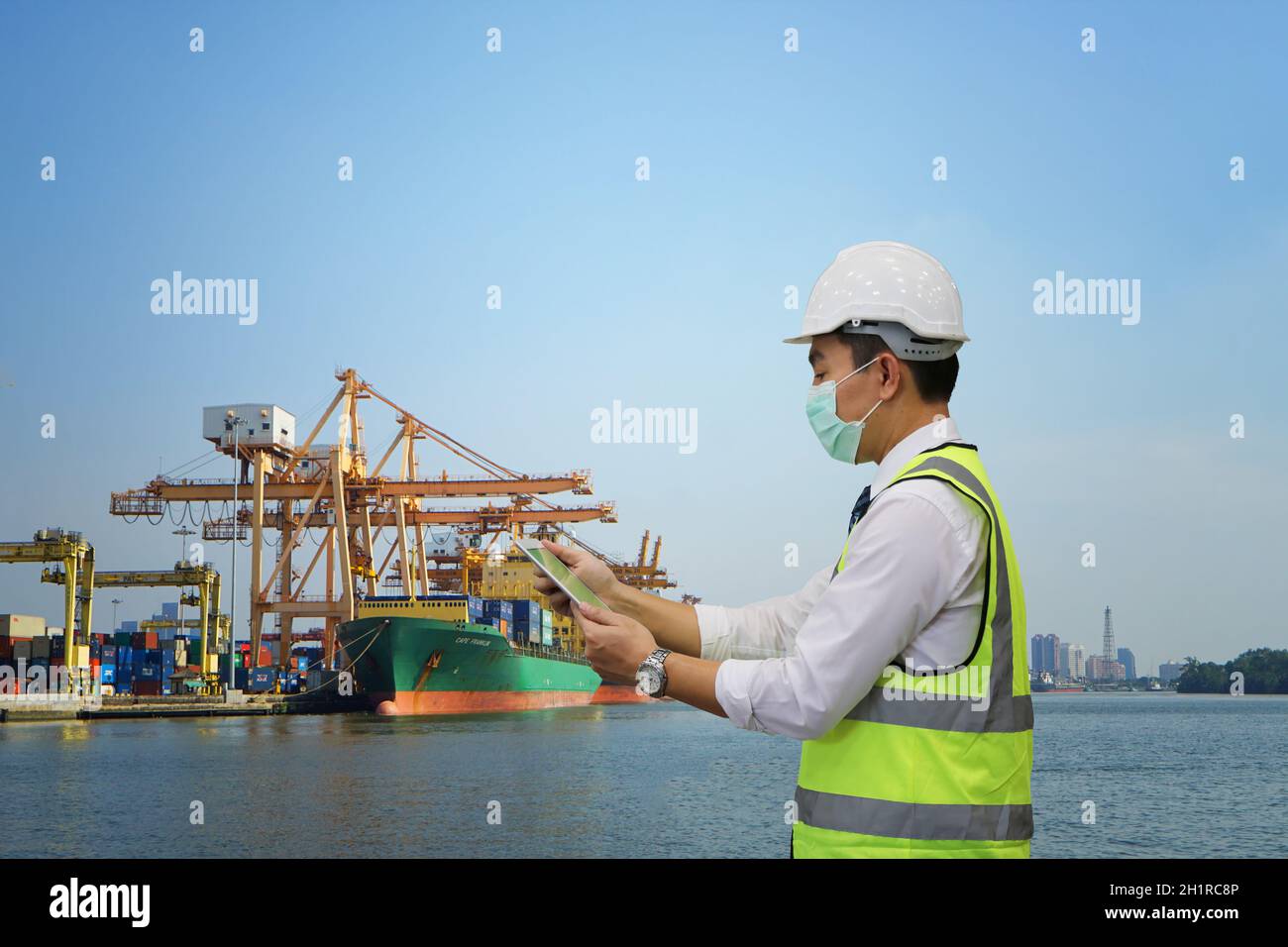 Container port, foreman and insurance claim officer checking on ...