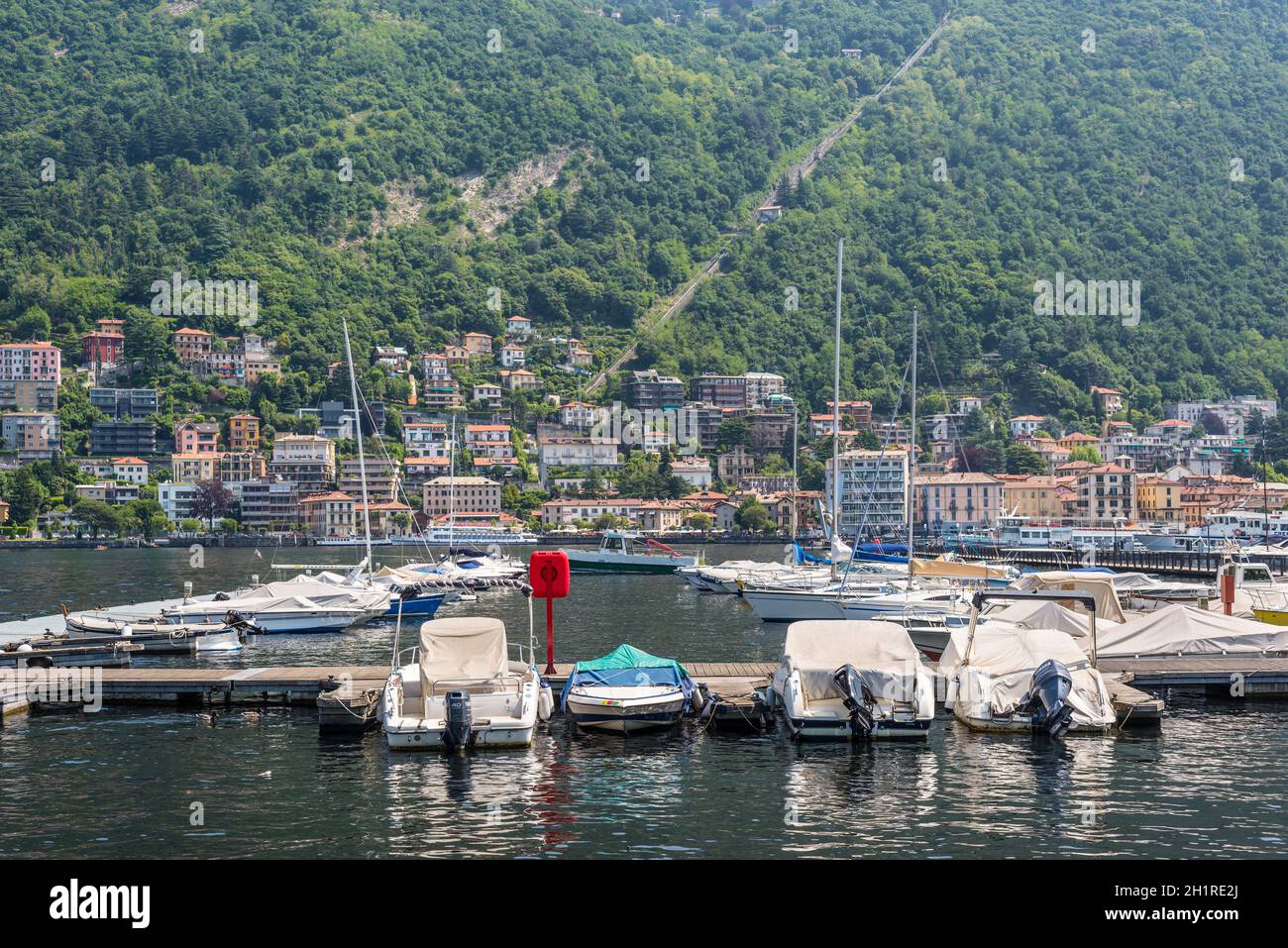 Como, Italy - May 27, 2016: Yachts and houses along Lake Como in city ...