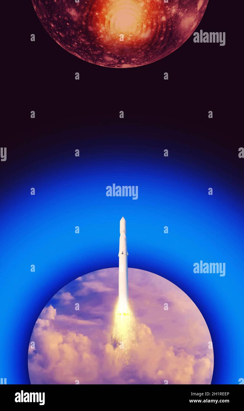 Spacecraft takes off into space to Mars or red planet. Rocket takes off ... Spacecraft takes off into space to Mars or red planet. Rocket takes off ...