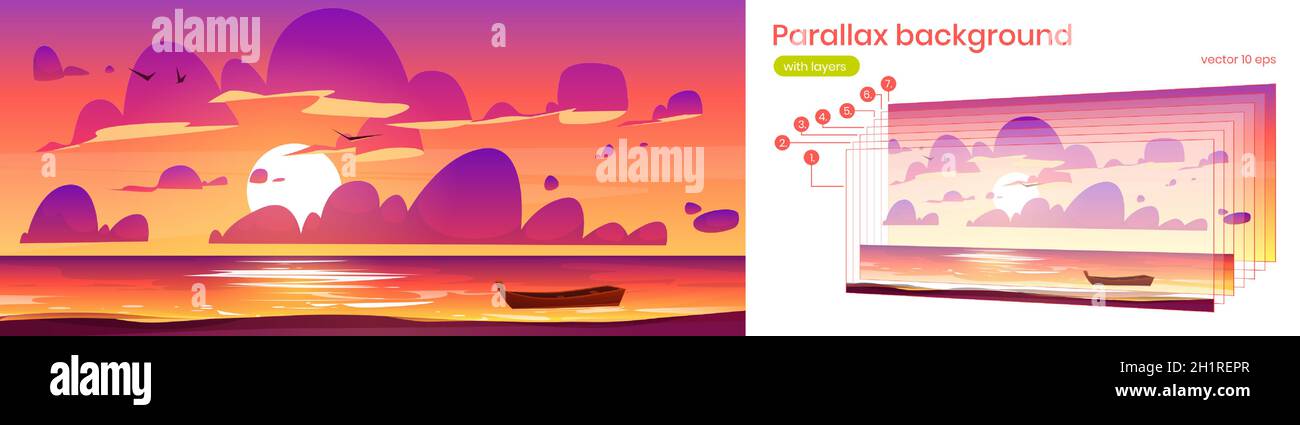 Sea landscape with sand beach and wooden boat at sunset. Vector ...