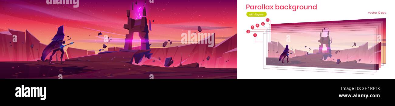 Parallax background fantasy stranger at magic portal on mountain cliff ...