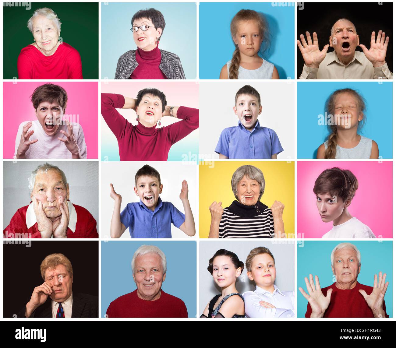 Diverse people with different emotions. Collage of diverse multi-ethnic and mixed age range ...
